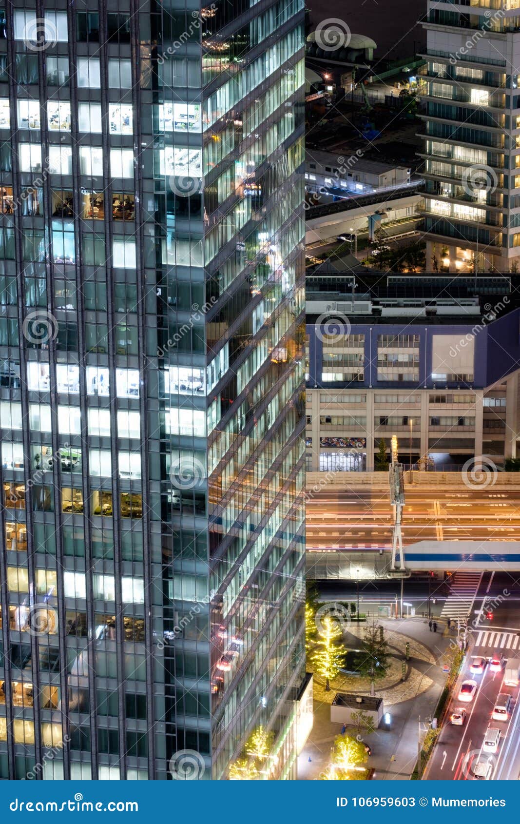 Modern Building Skyscraper Glass Window with Illuminated and Traffic ...