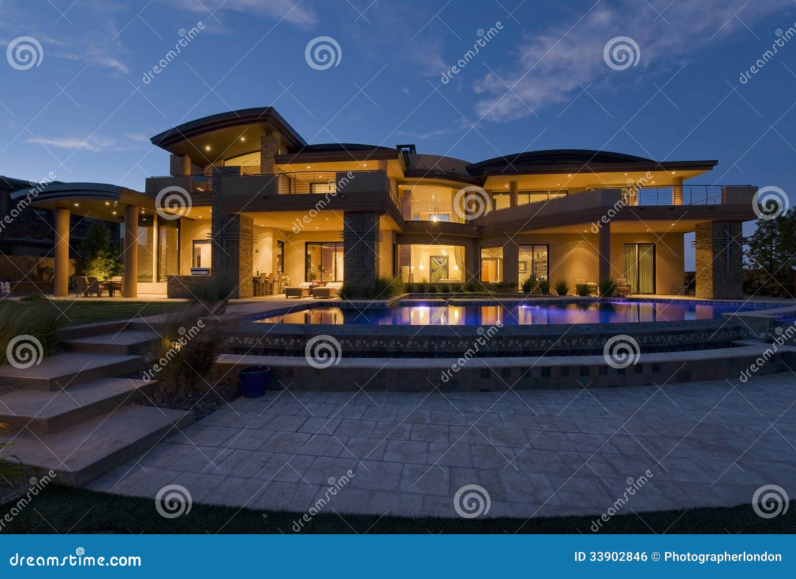 Modern Building with Swimming Pool at Dusk Stock Photo - Image of ...