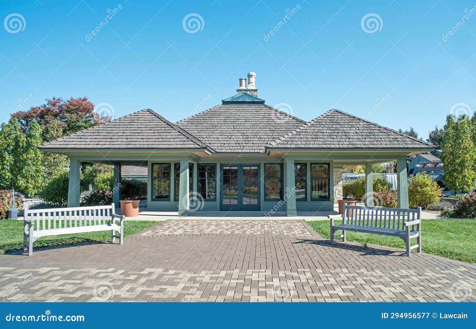 Modern Building with Triangular Roofs and Entrance Benches Stock Image ...
