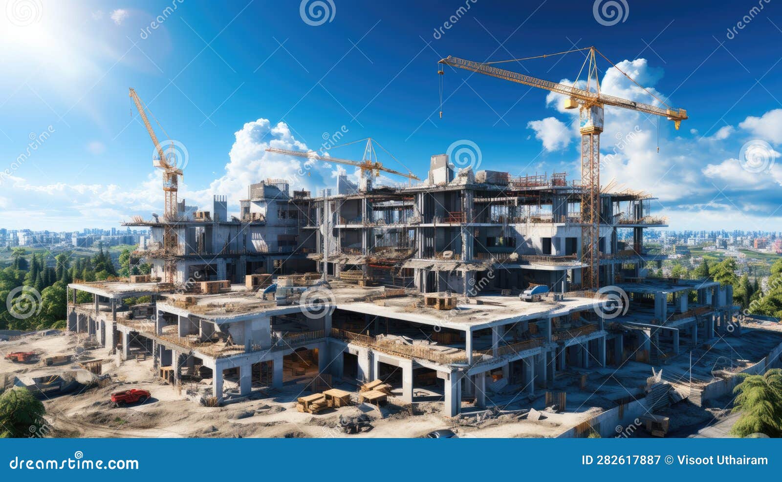 Modern Building Under Construction Against, Construction Work Site ...