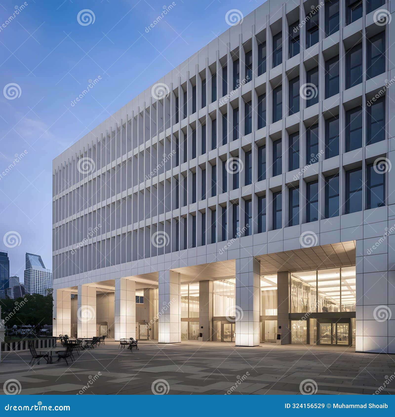 Modern Building with White Facade and Grid Pattern Overlooks City ...