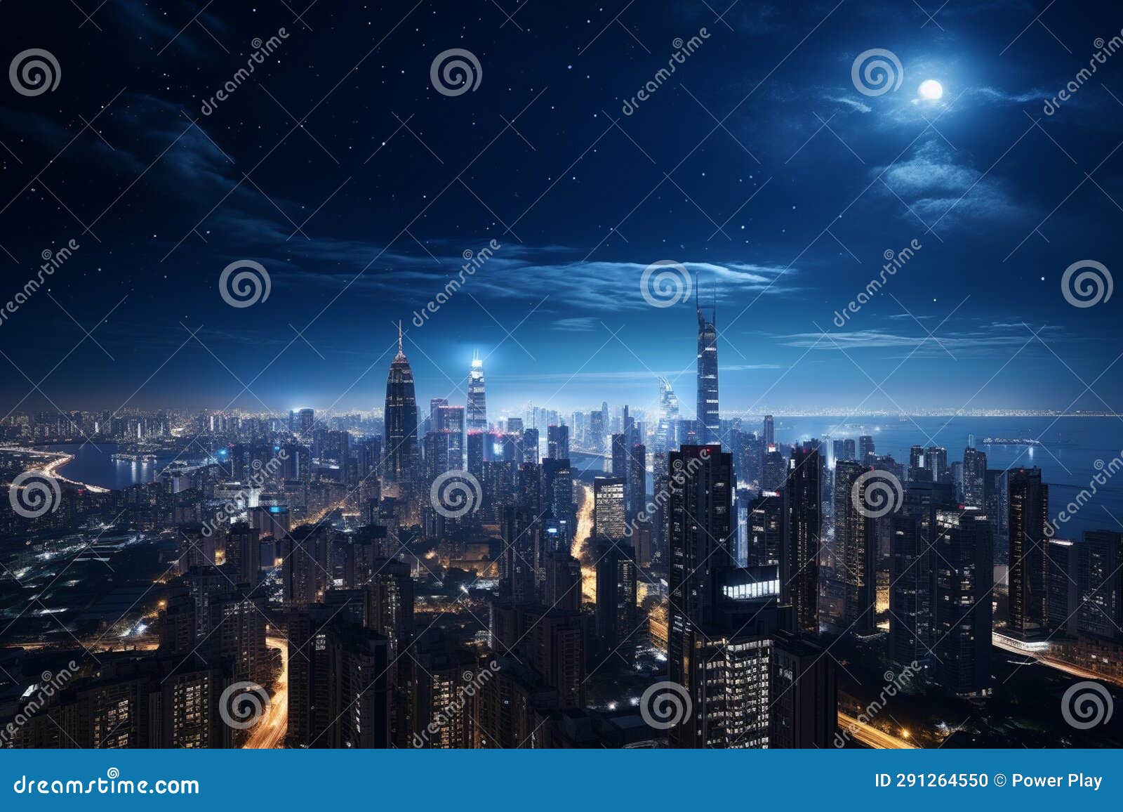 Modern Buildings Night View with Technology Network Connection Stock ...