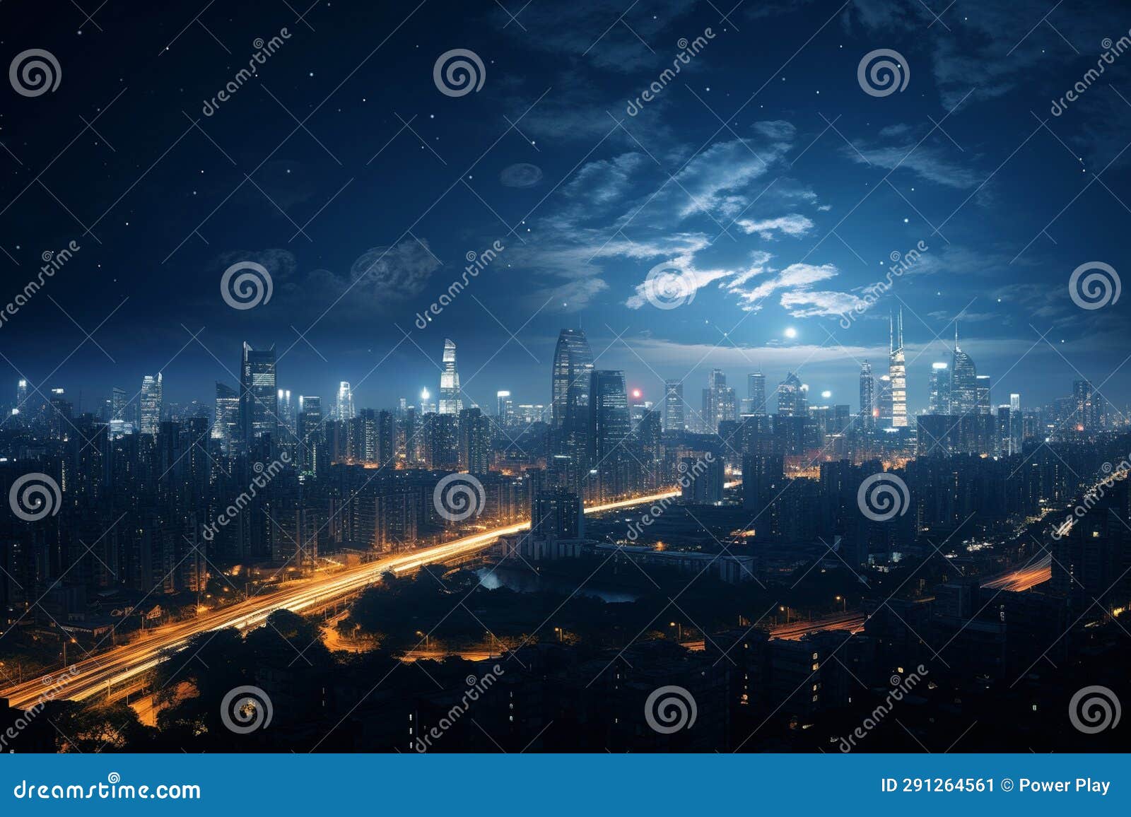 Modern Buildings Night View with Technology Network Connection Stock ...