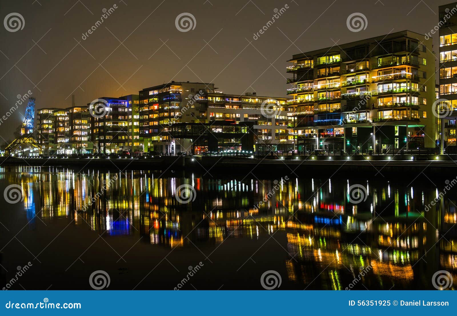 Modern Buildings Reflected in Water at Night Stock Image - Image of ...