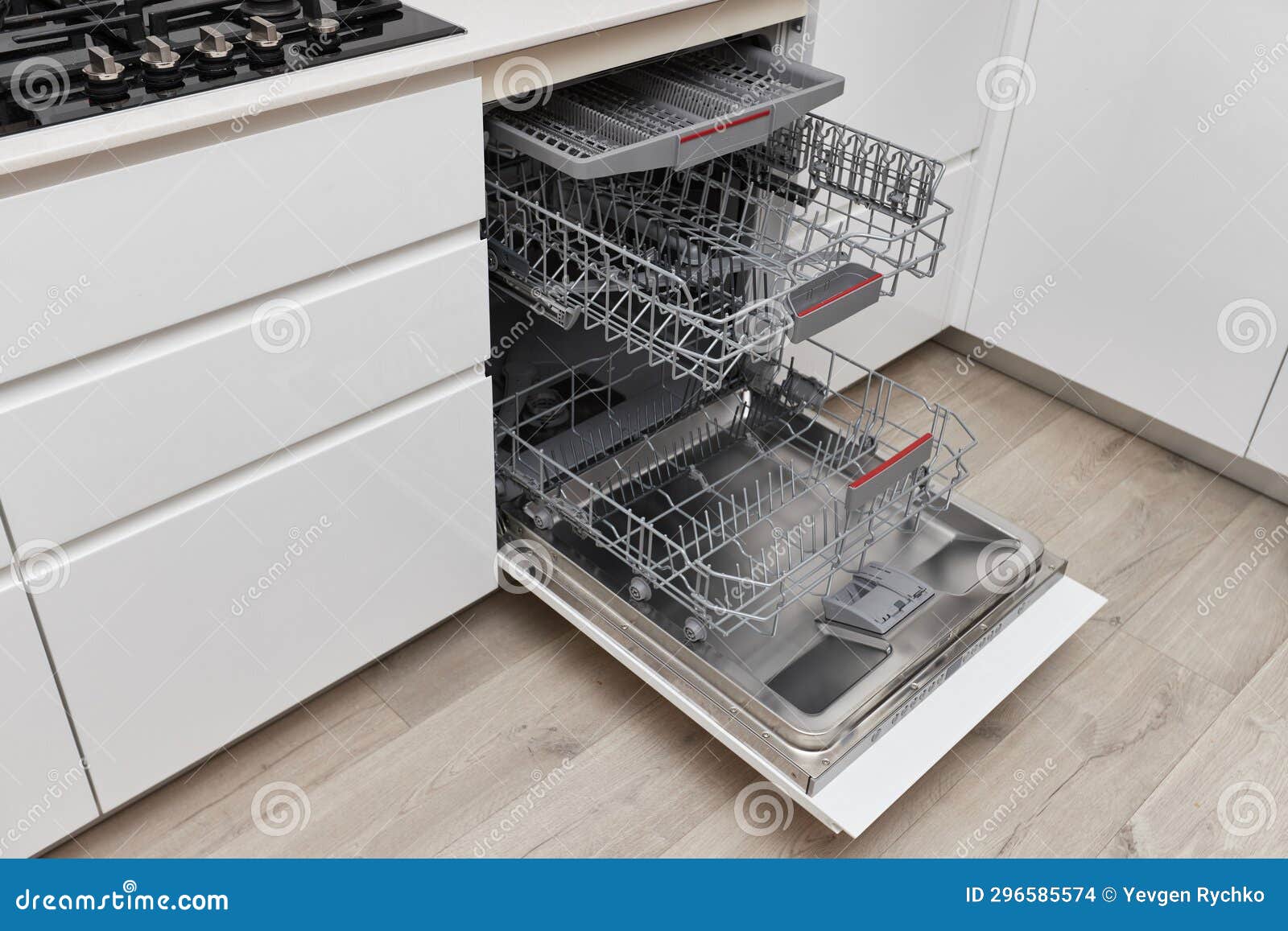 Modern Built-in Empty Dishwasher with Open Door Stock Photo - Image of ...