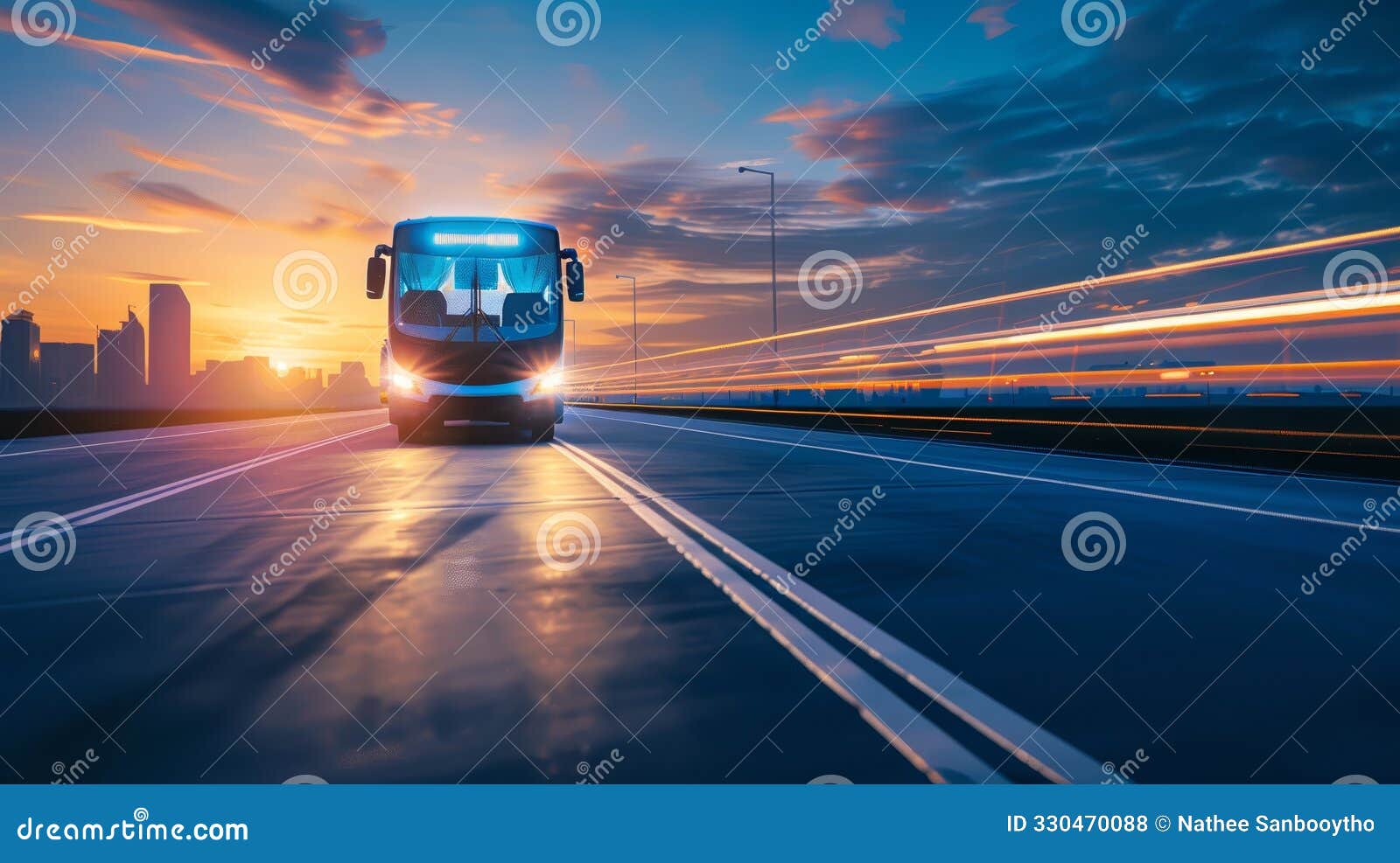 Modern Bus Driving on Highway at Sunset Stock Illustration ...