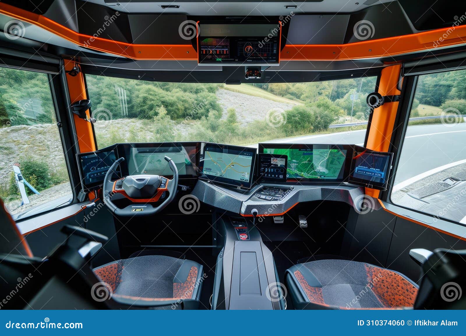 A Modern Bus Interior Featuring Multiple Monitors Installed for ...