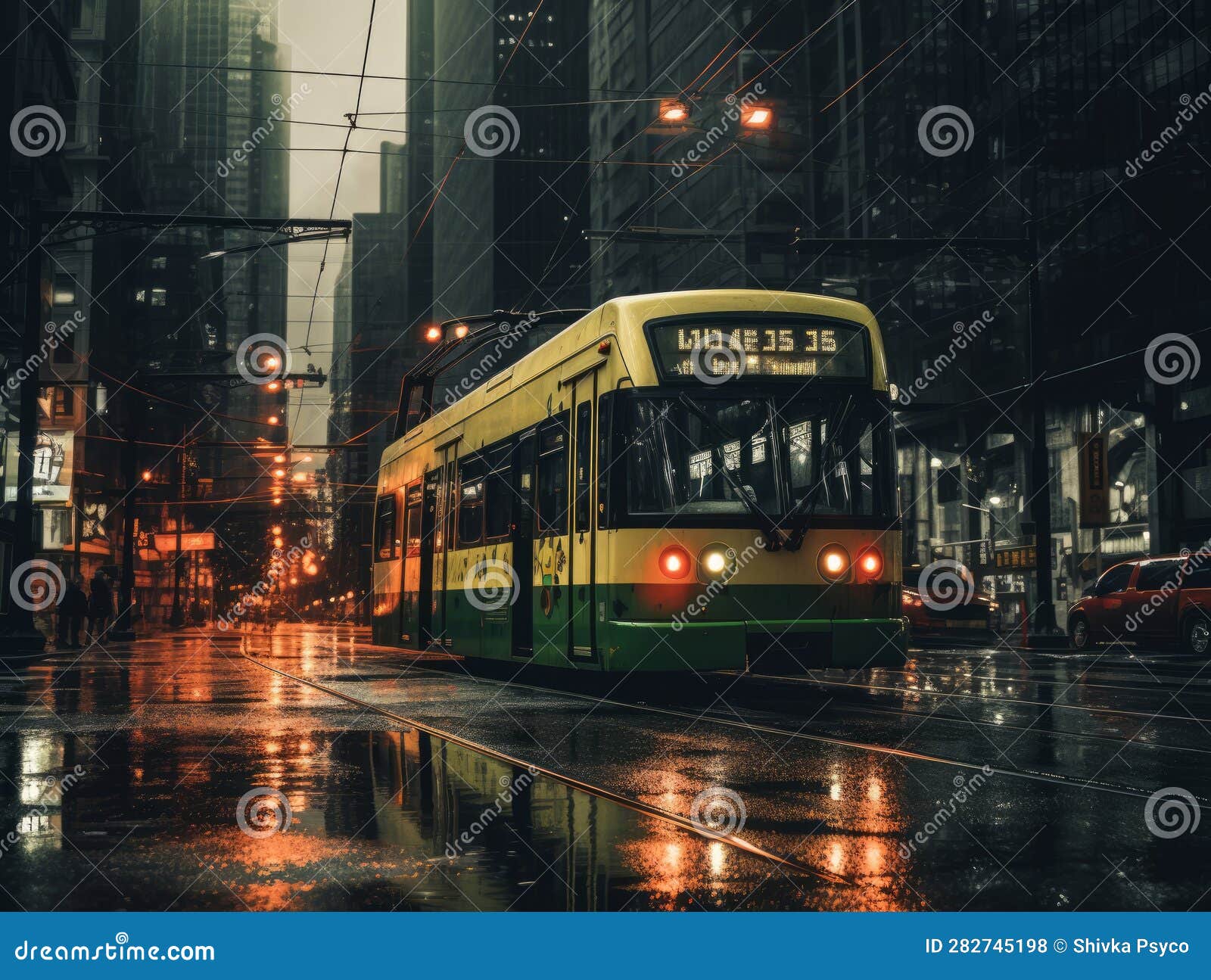 A Modern Bus Running on Wet Roads in Modern City Stock Illustration ...