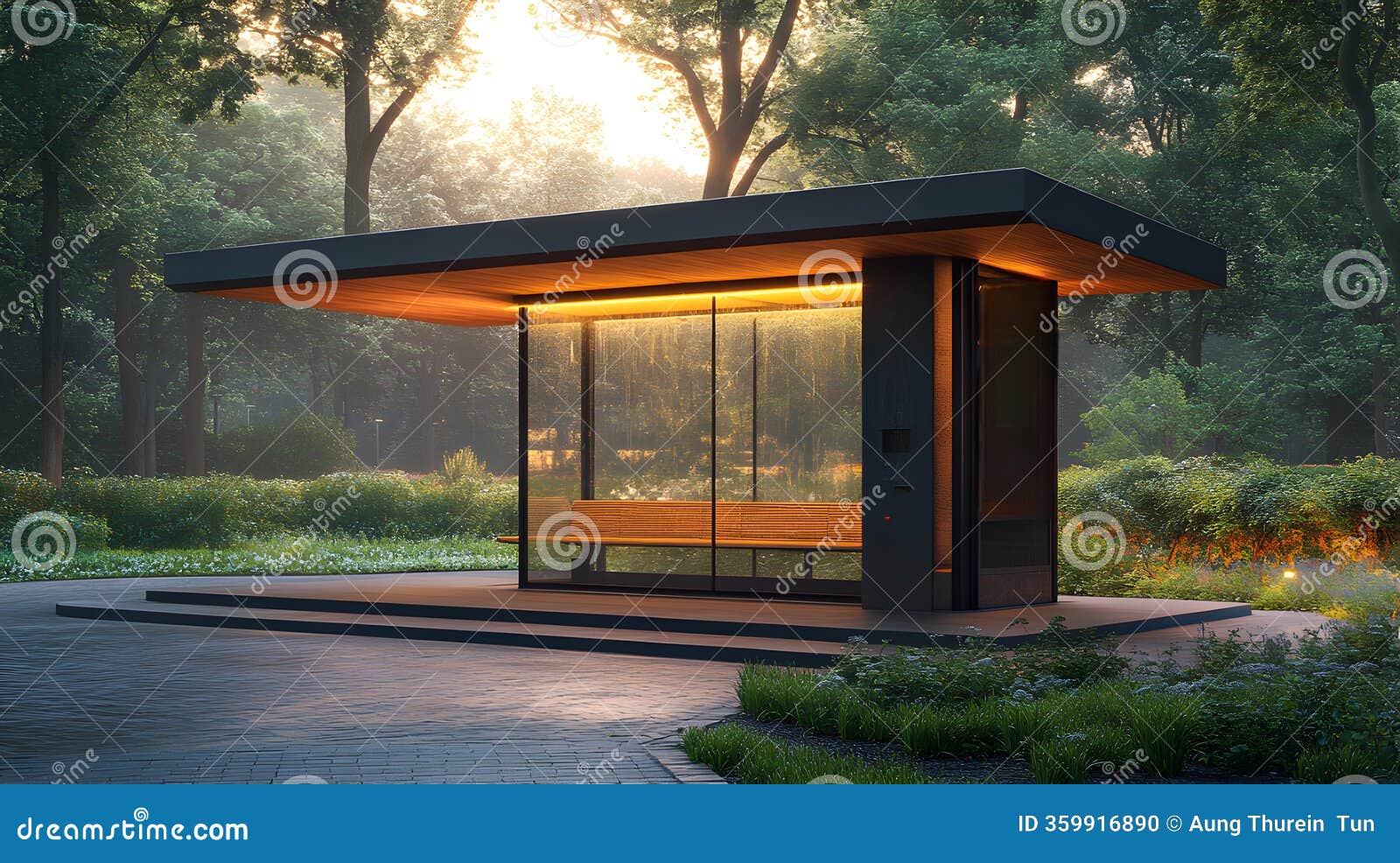 A Modern Bus Stop Featuring a Sleek Glass Display Integrated with Bold ...