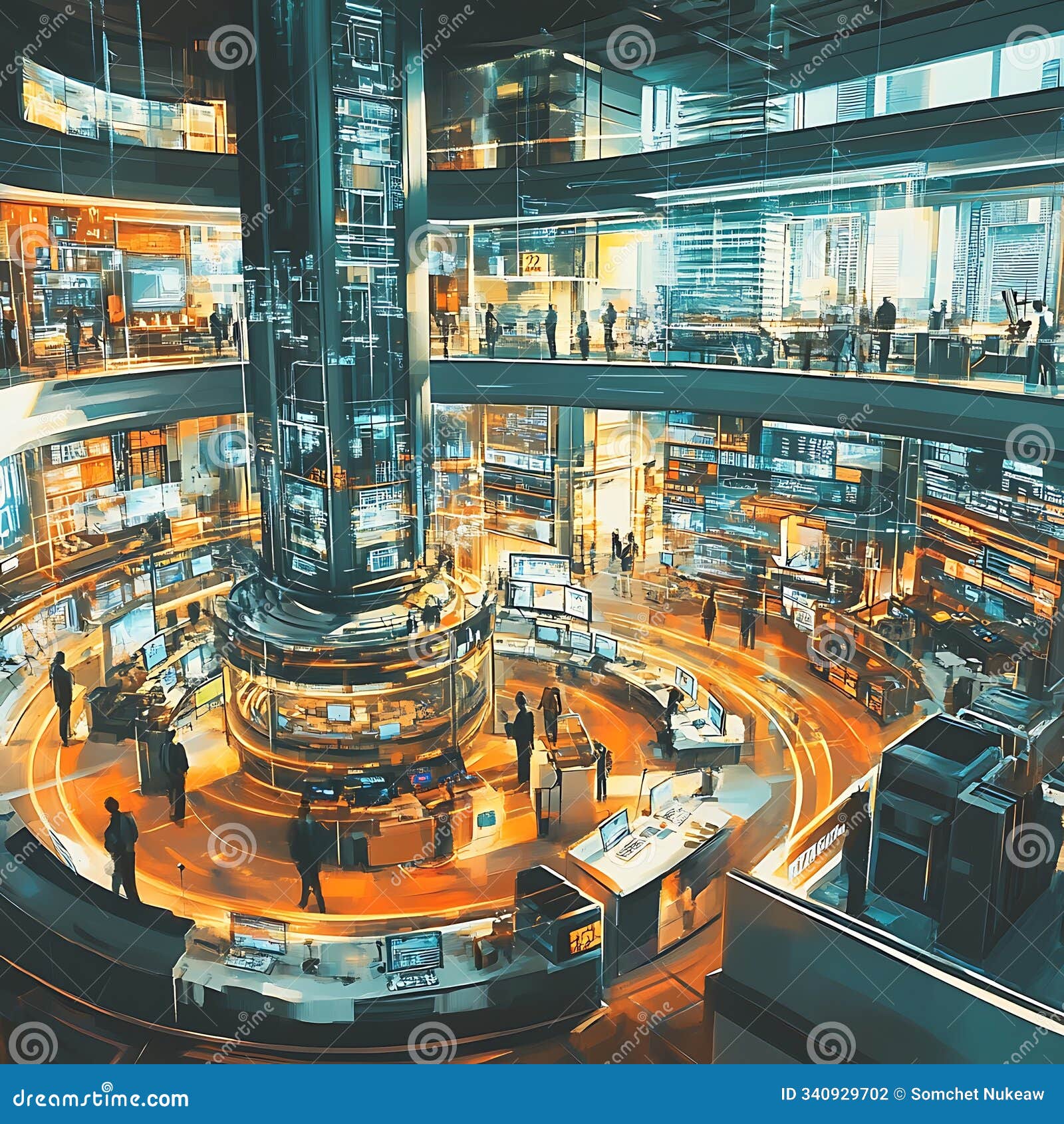 Modern Business Center with Interactive Displays, Busy Environment ...