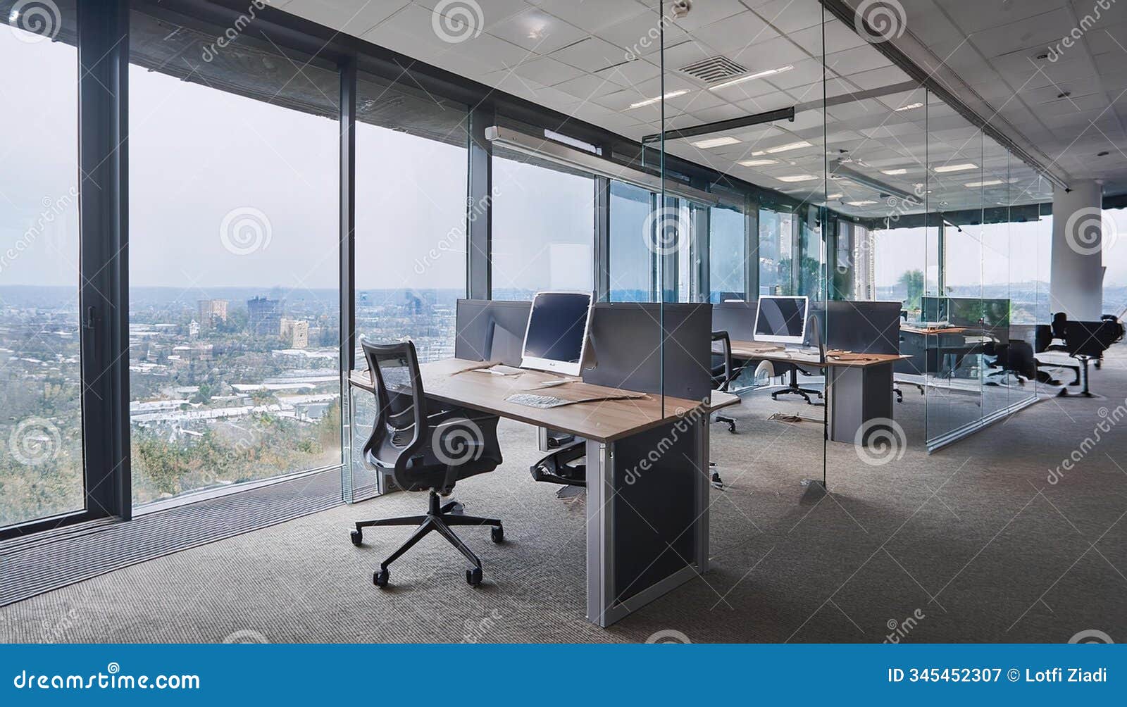 Modern Business Interior with Desks and Pc Computers, Glass Rooms ...