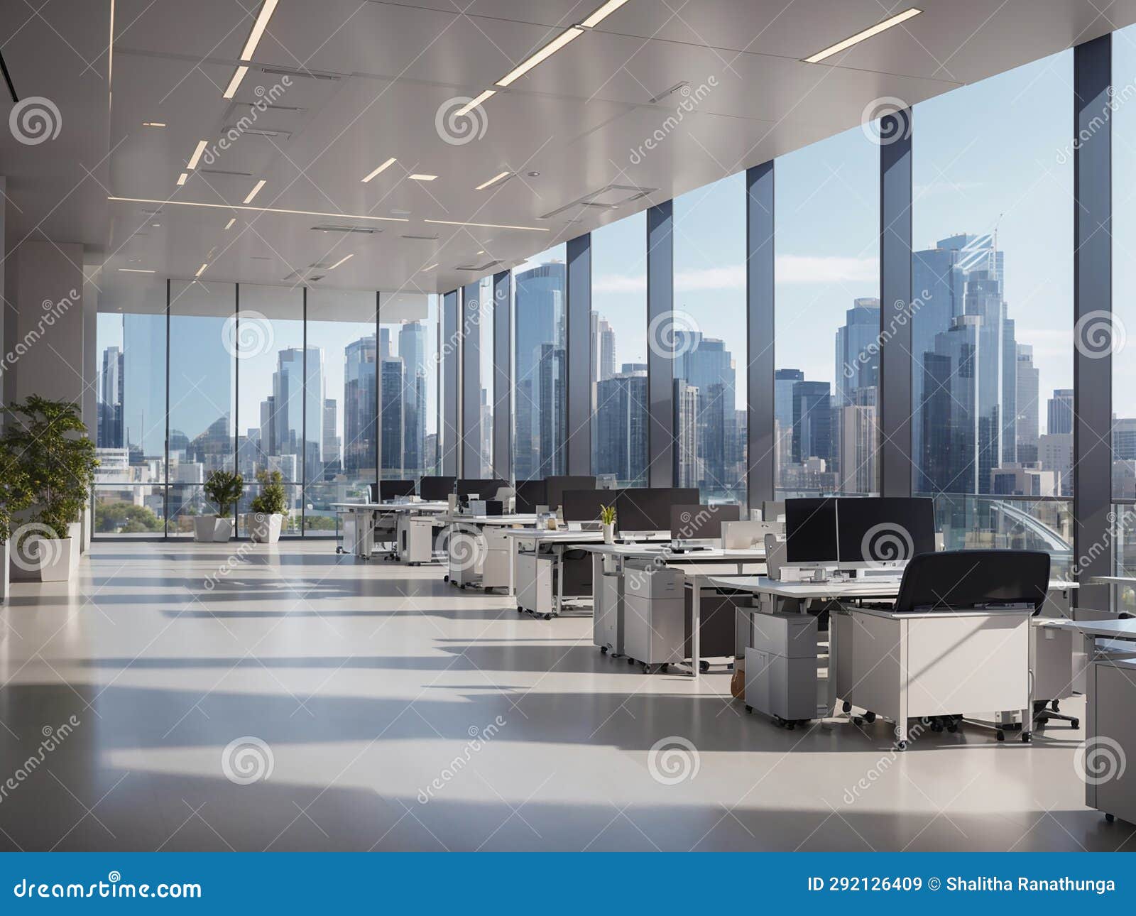 Modern Business Office Building Inside with Tables and Computers with ...