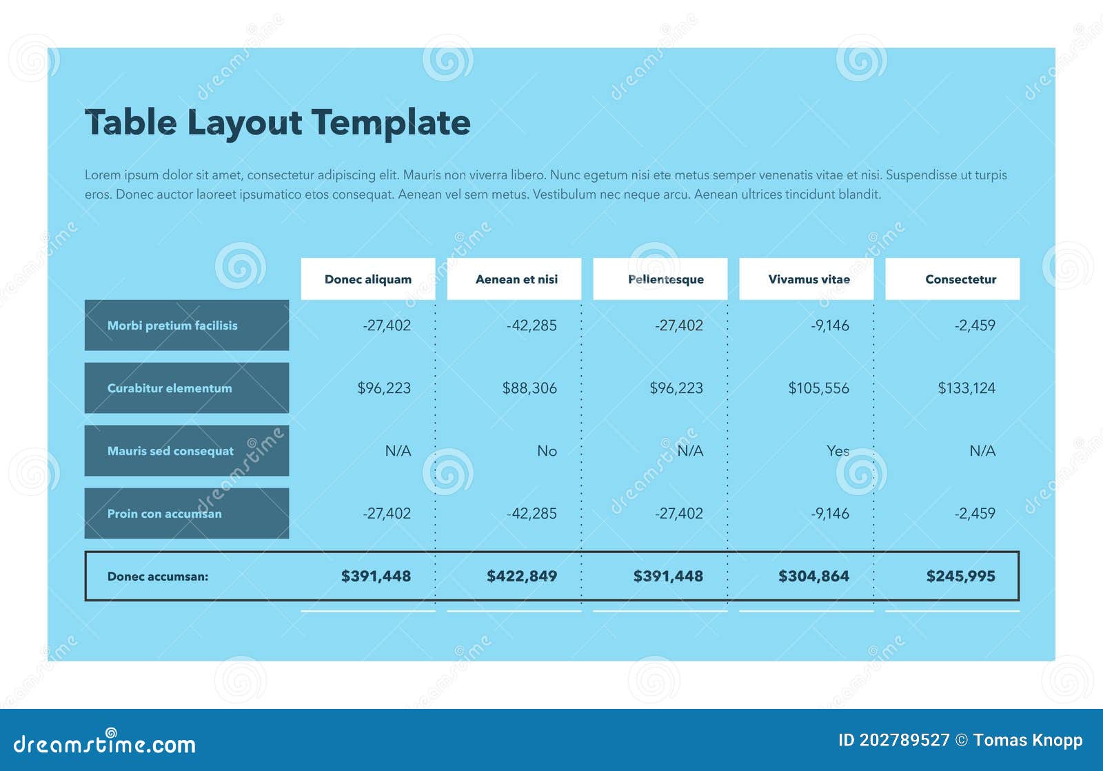 Modern Business Table Layout Template with the Total Sum Row and Place ...