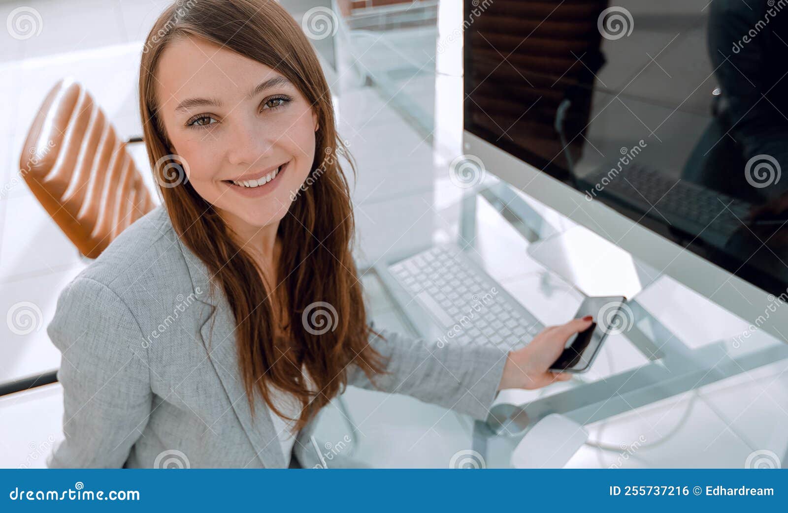 Modern Business Woman Sitting at Her Desk. Stock Photo - Image of ... Modern Business Woman Sitting at Her Desk. Stock Photo - Image of ...