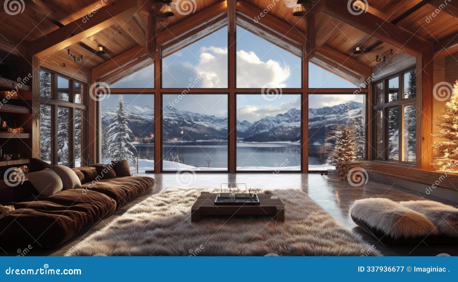 Modern Cabin Interior with Mountain View and Fur Rug Stock Illustration ...