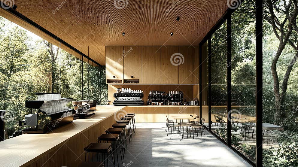 Modern Caf? Interior with Large Windows and Greenery Stock Illustration ...
