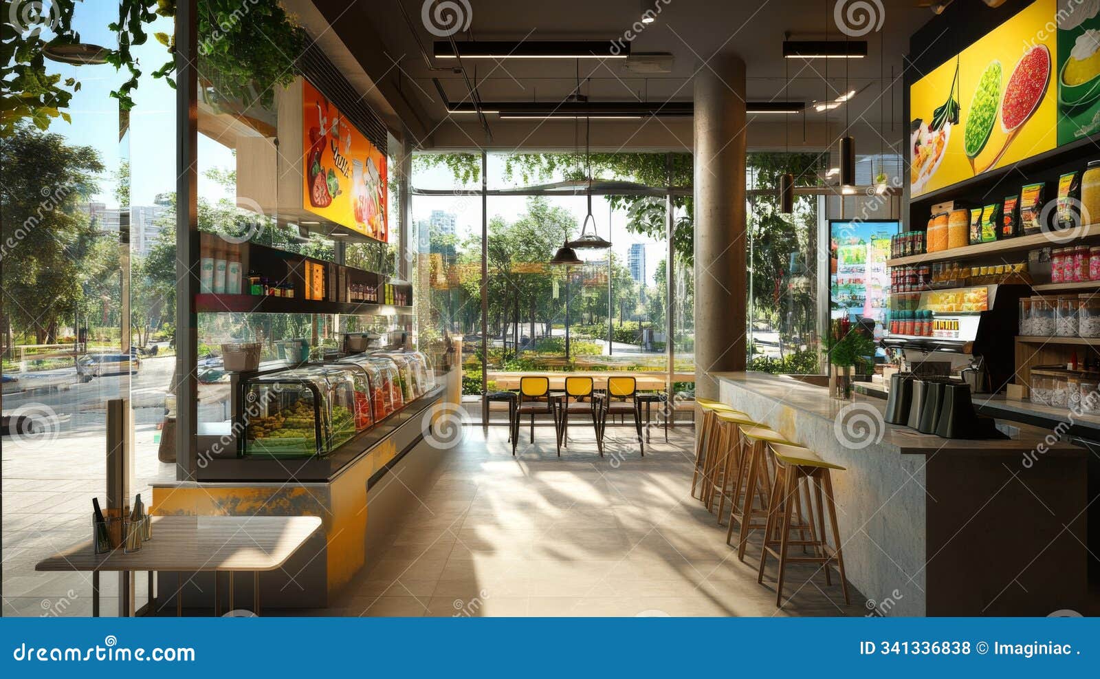 Modern Cafe Interior with Bar Seating, Glass Display Cases, and City ...