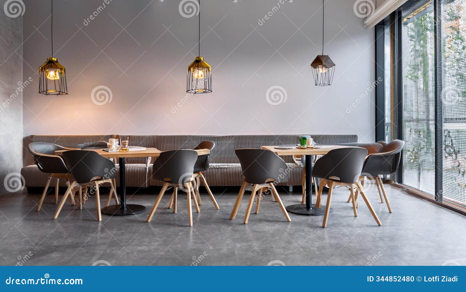 Modern Cafe Interior with Chairs and Eating Tables in Row on Concrete ...