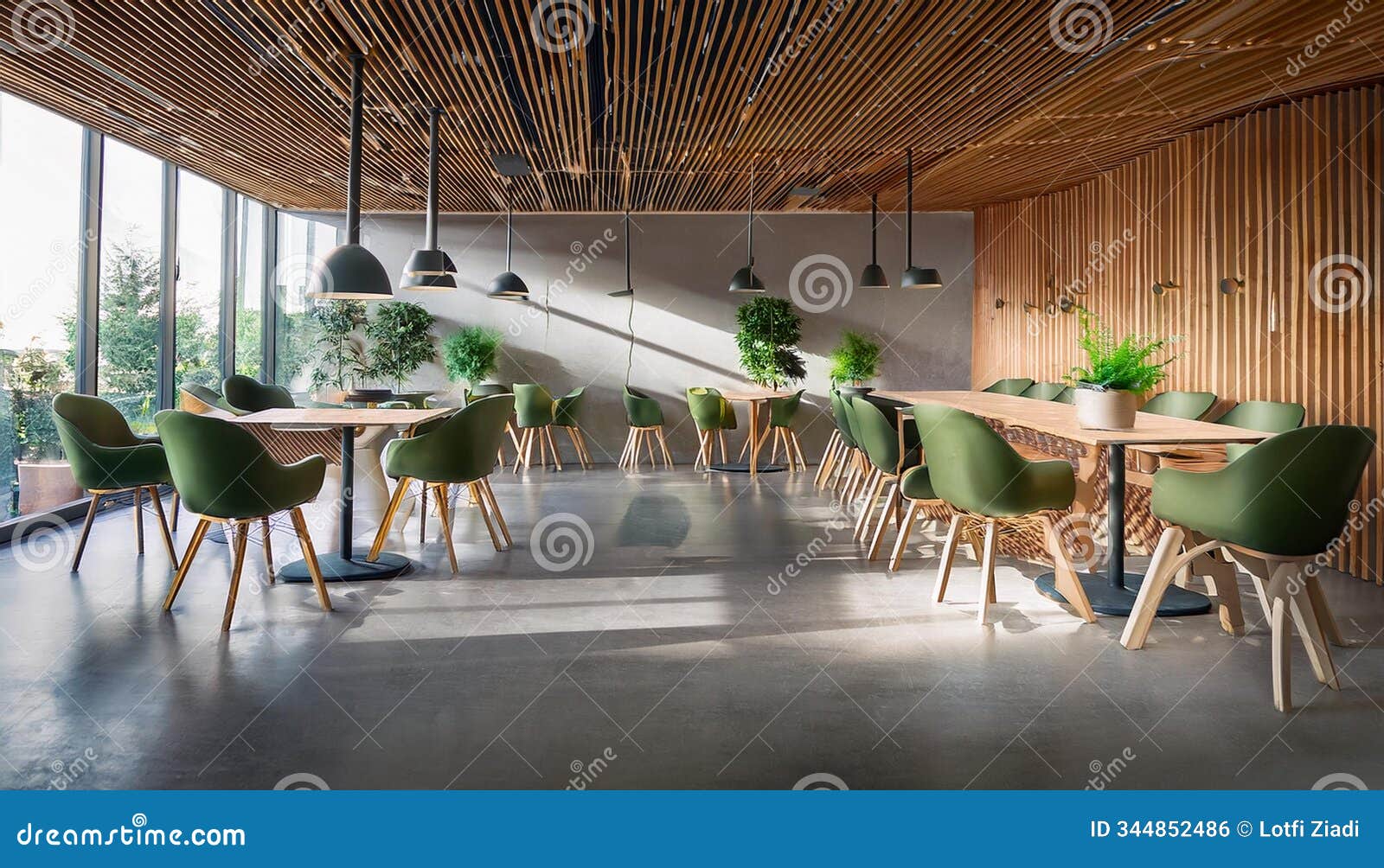 Modern Cafe Interior with Chairs and Eating Tables in Row on Concrete ...
