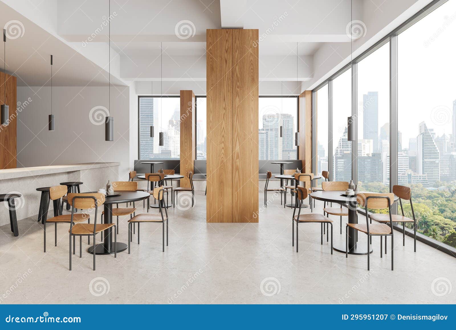Modern Cafe Interior with Chairs and Table, Counter and Panoramic ...