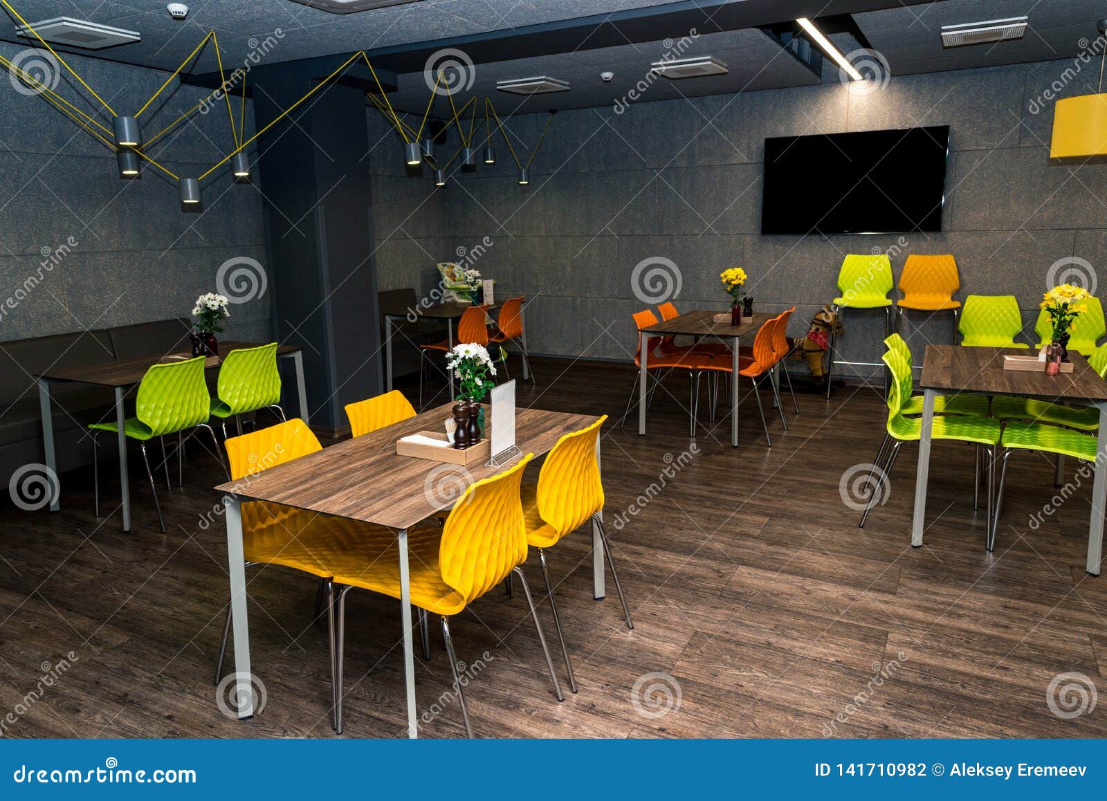 Modern Cafe Interior, Colorful Table and Chairs Stock Photo - Image of ...