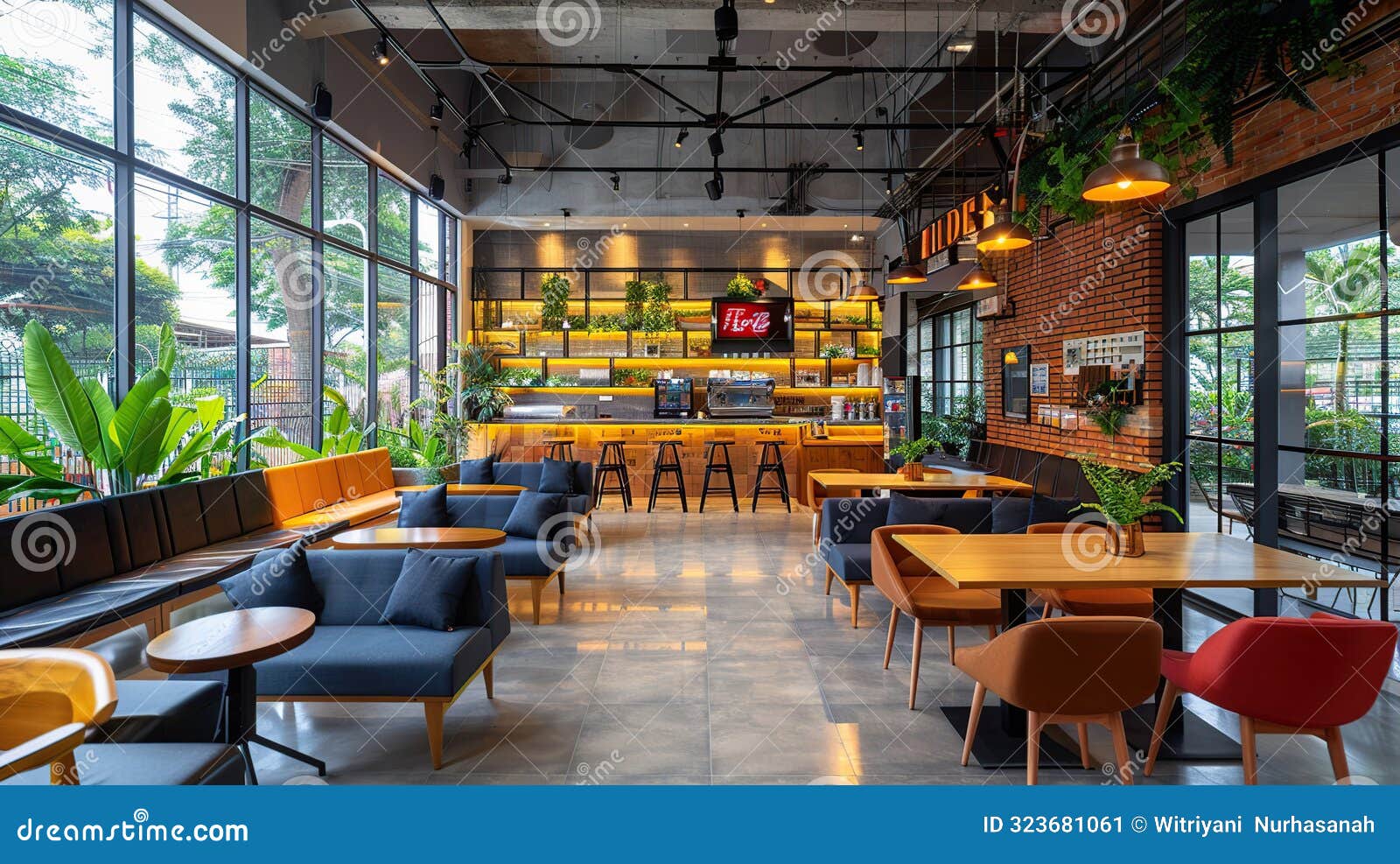 Modern Cafe Interior Design with Exposed Brick Wall Stock Illustration ...