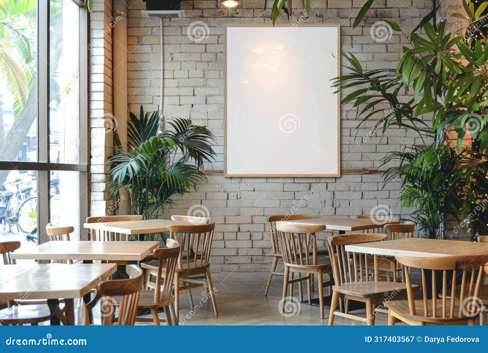 Modern Cafe Interior with Empty Frames on White Brick Wall Stock Image ...
