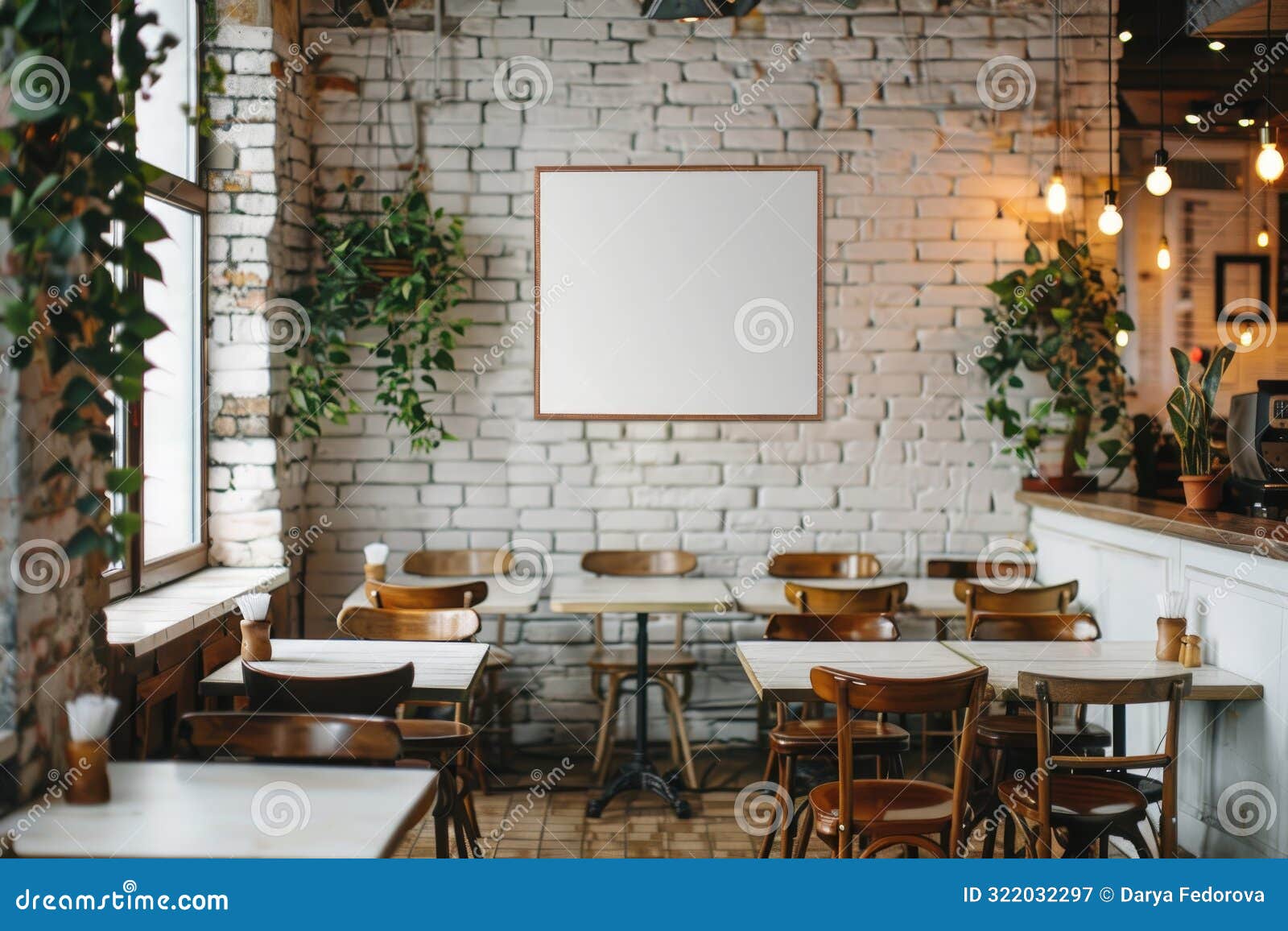 Modern Cafe Interior with Empty Frames on White Brick Wall Stock Image ...