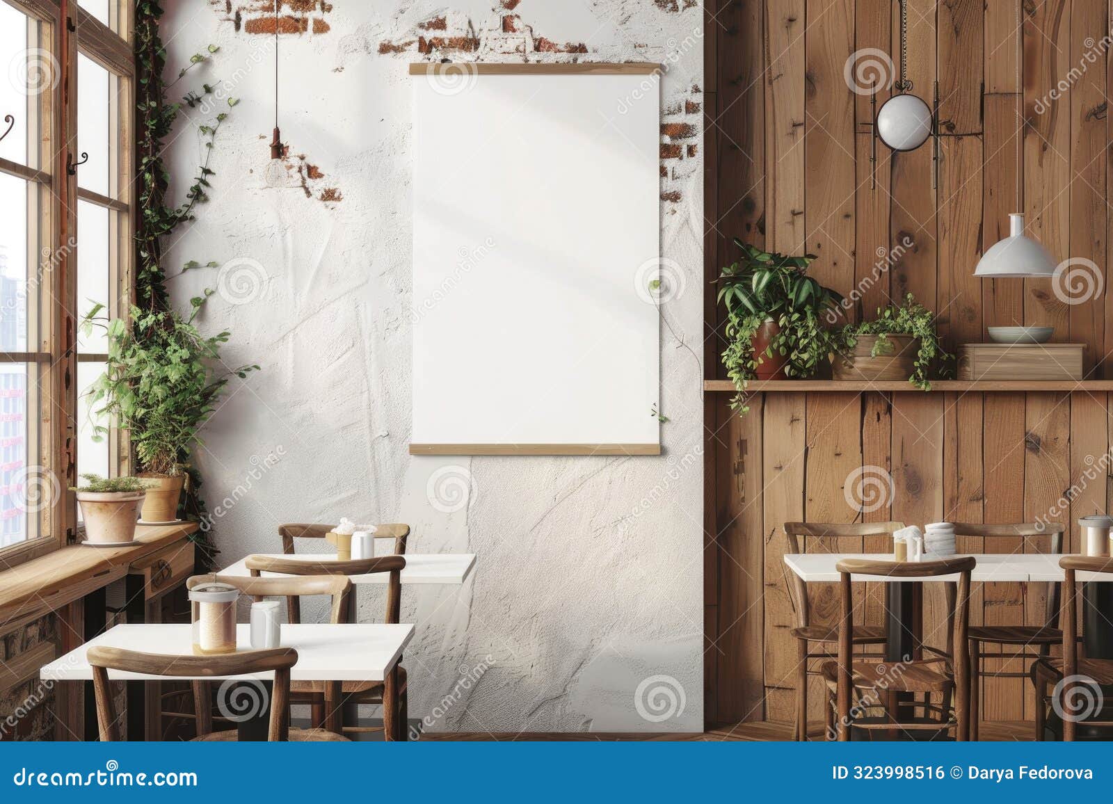 Modern Cafe Interior with Empty Frames on White Brick Wall Stock Photo ...
