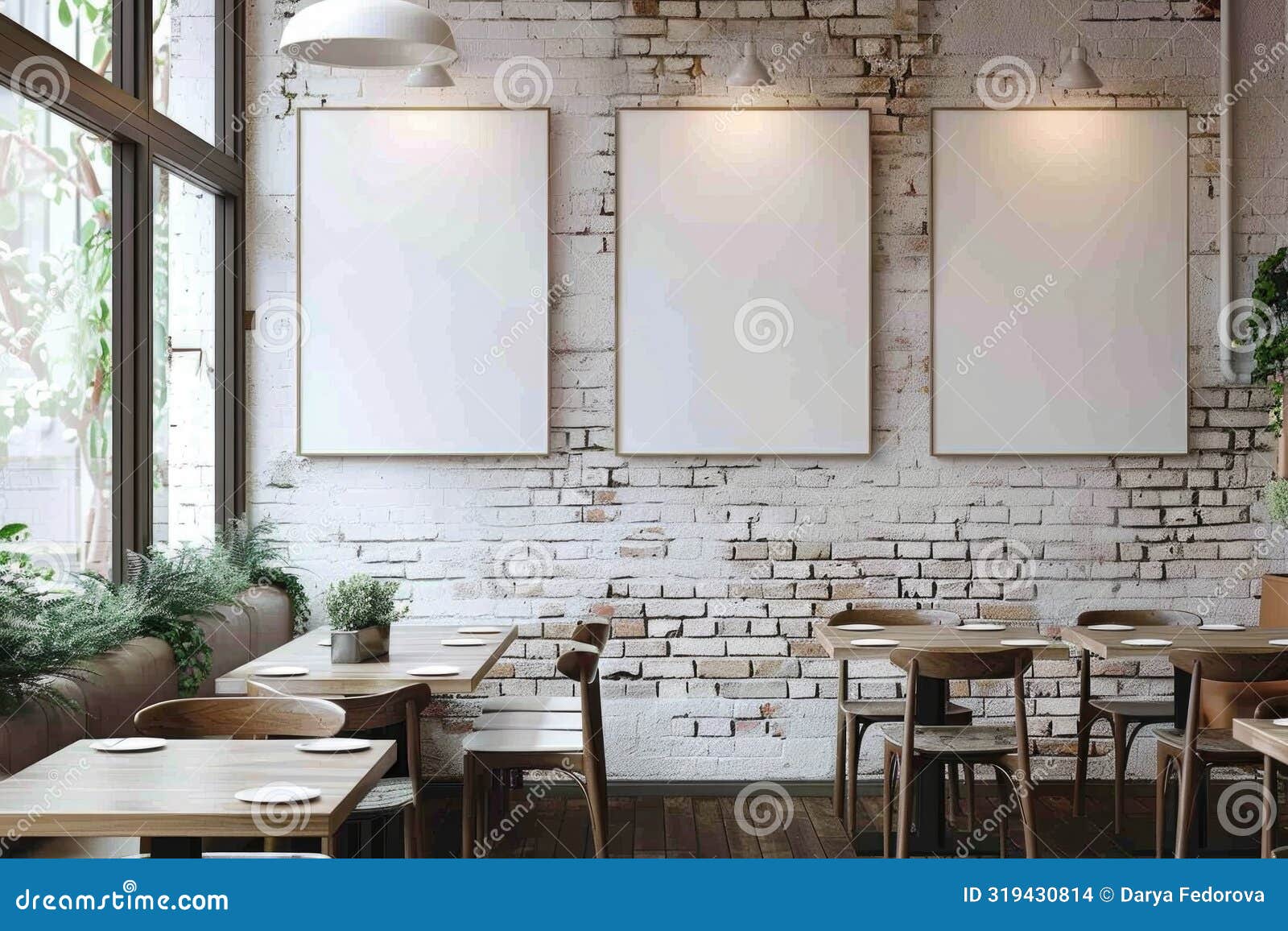 Modern Cafe Interior with Empty Frames on White Brick Wall Stock Photo ...