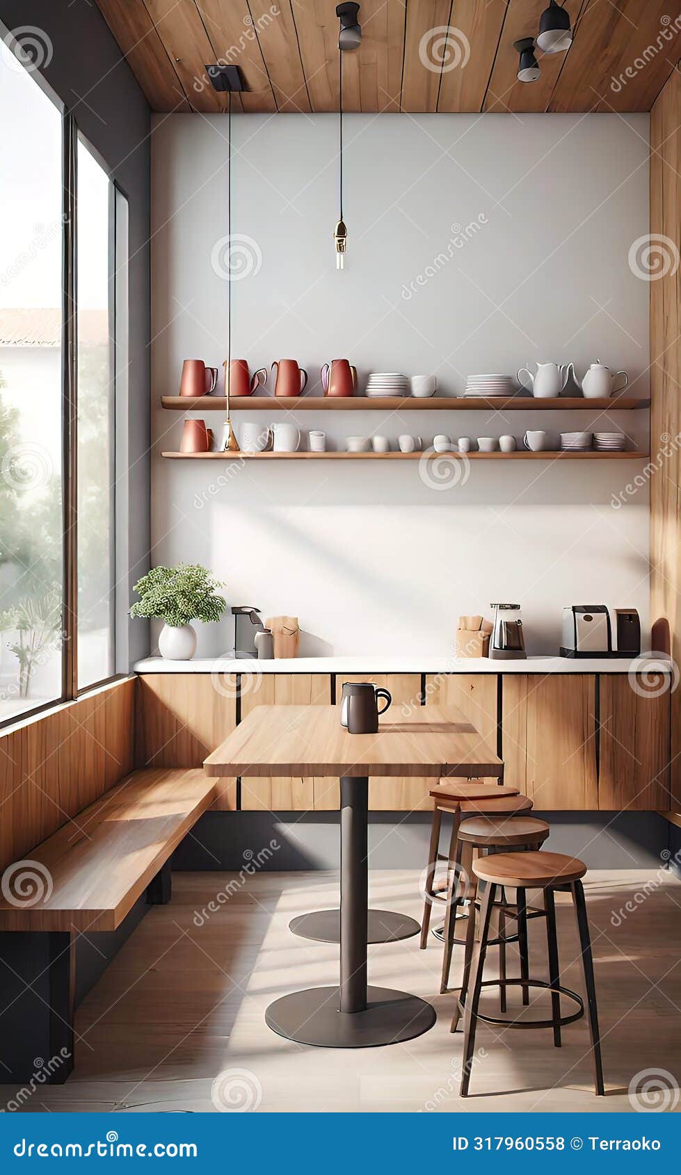 Modern Cafe Interior with Empty White Wall, Wooden Counter and Natural ...