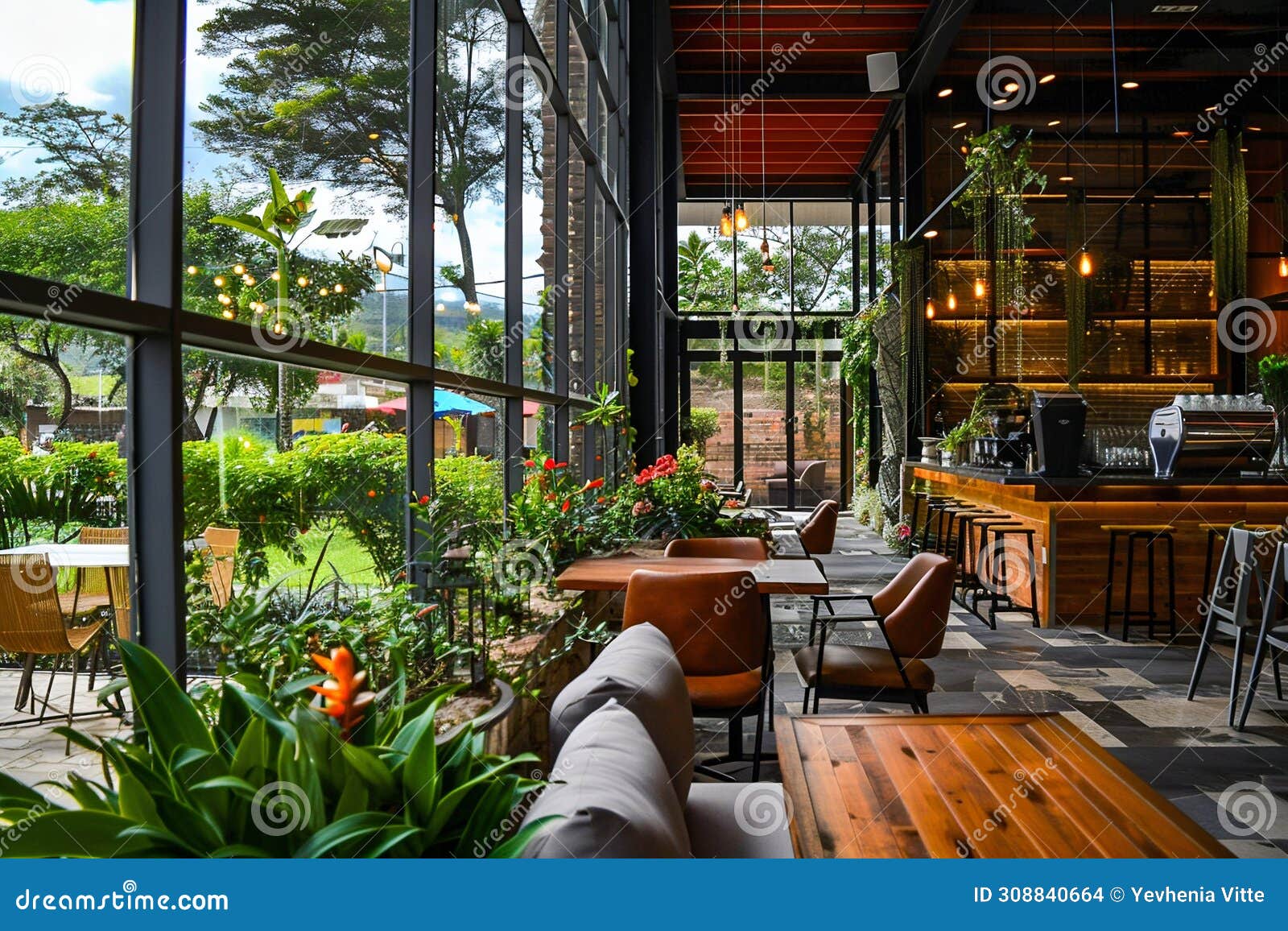 Modern Cafe Interior with Greenery and Natural Light. Generative Ai ...