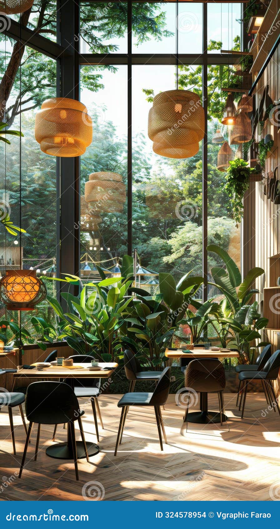 Modern Cafe Interior with Large Windows and Lush Greenery, Natural ...
