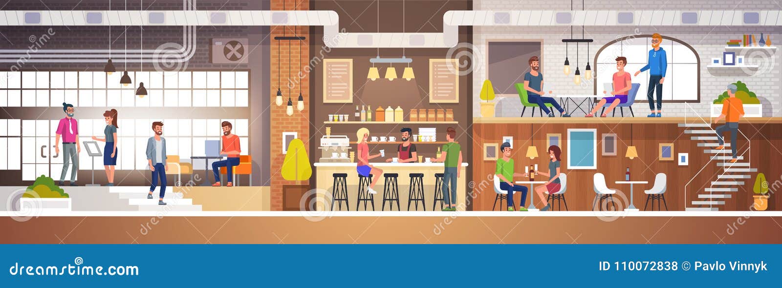 Modern Cafe Interior in Loft Style. Full of People. Restaurant Flat ...