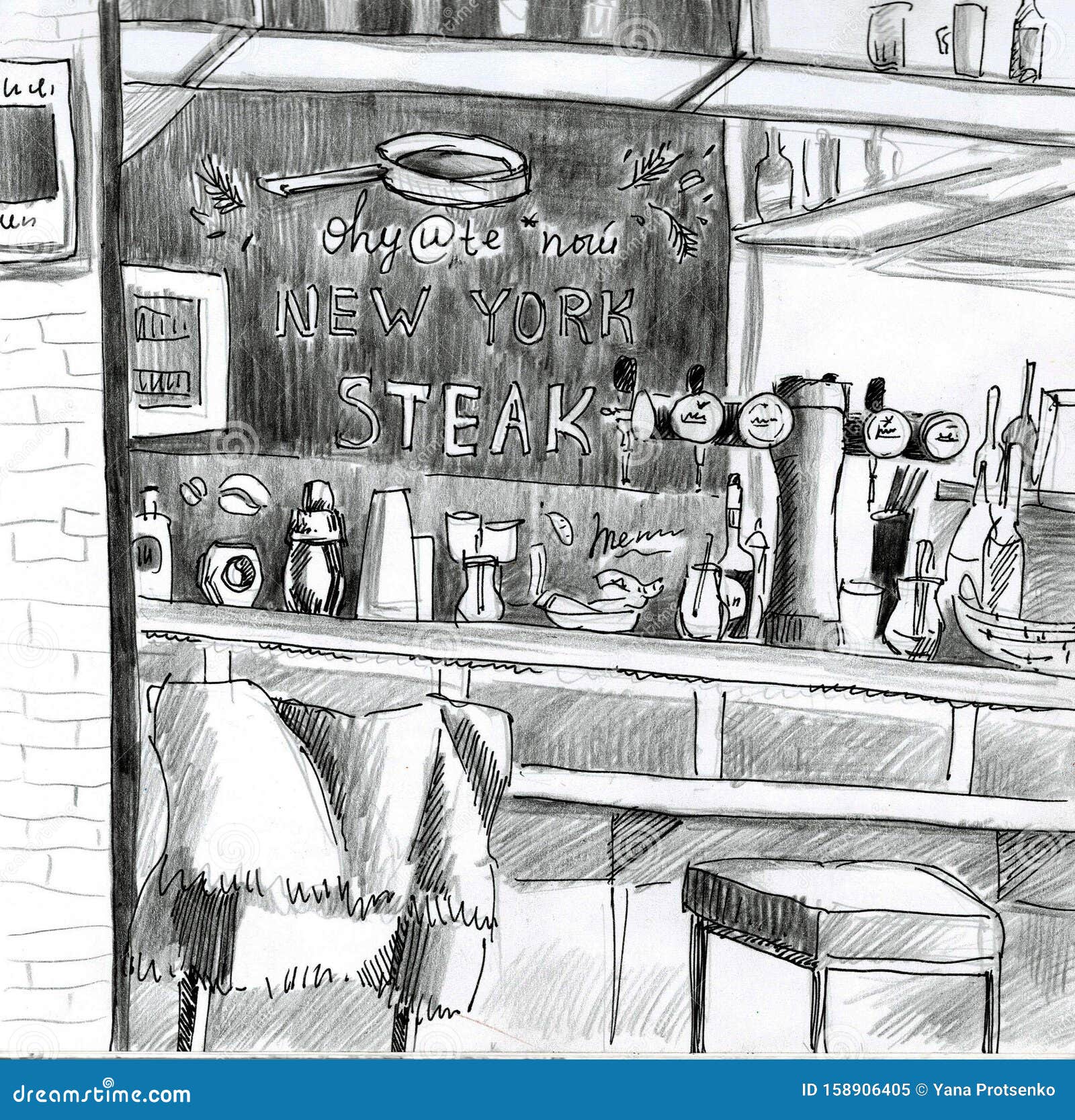 Modern Cafe Interior in Loft Style. Hand Drawn Sketch Illustration ...