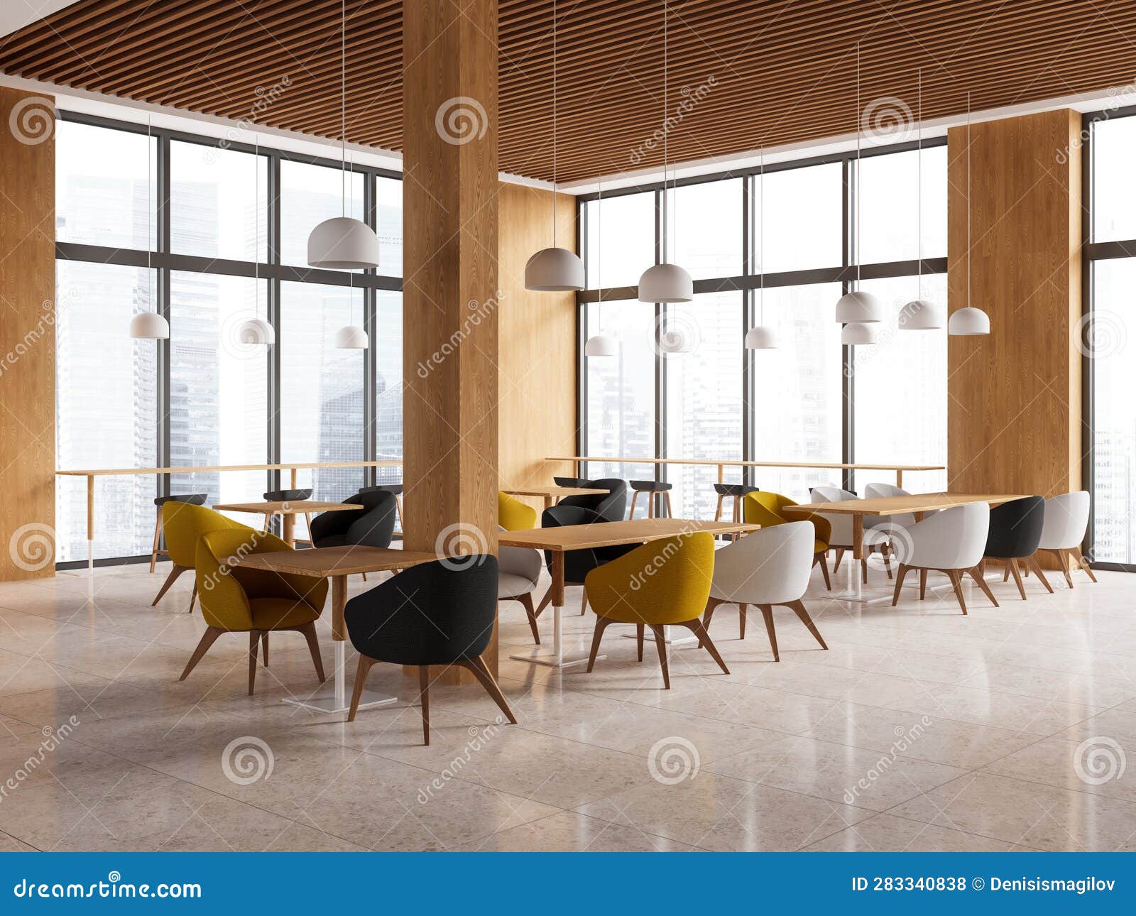 Modern Cafe Interior with Seats and Table in Row, Dining Space with ...