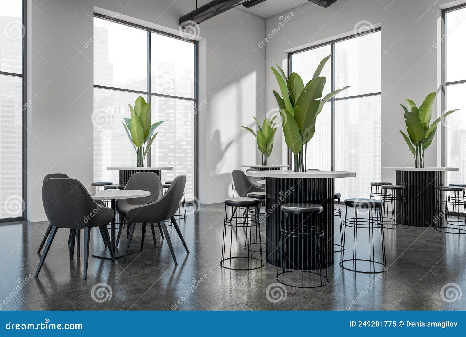 Modern Cafe Interior with Table and Seats, Eating Area and Panoramic ...