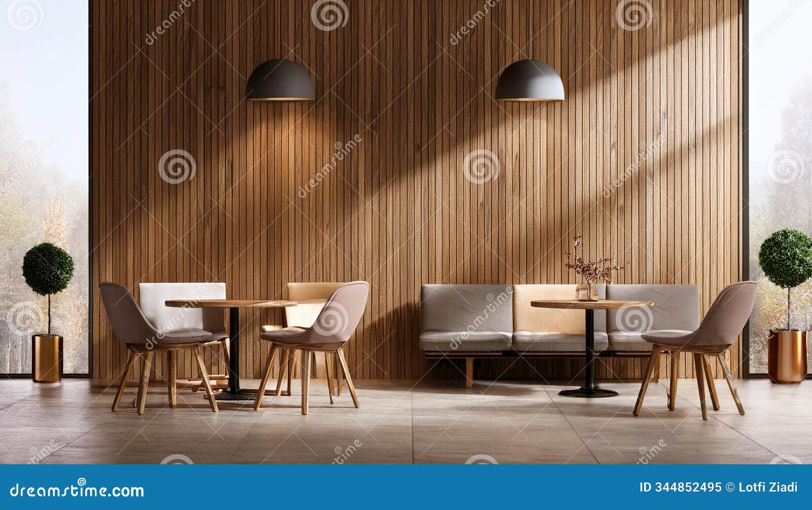 Modern Cafe Interior with Wooden Walls and Cozy Seating. 3D Rendering ...