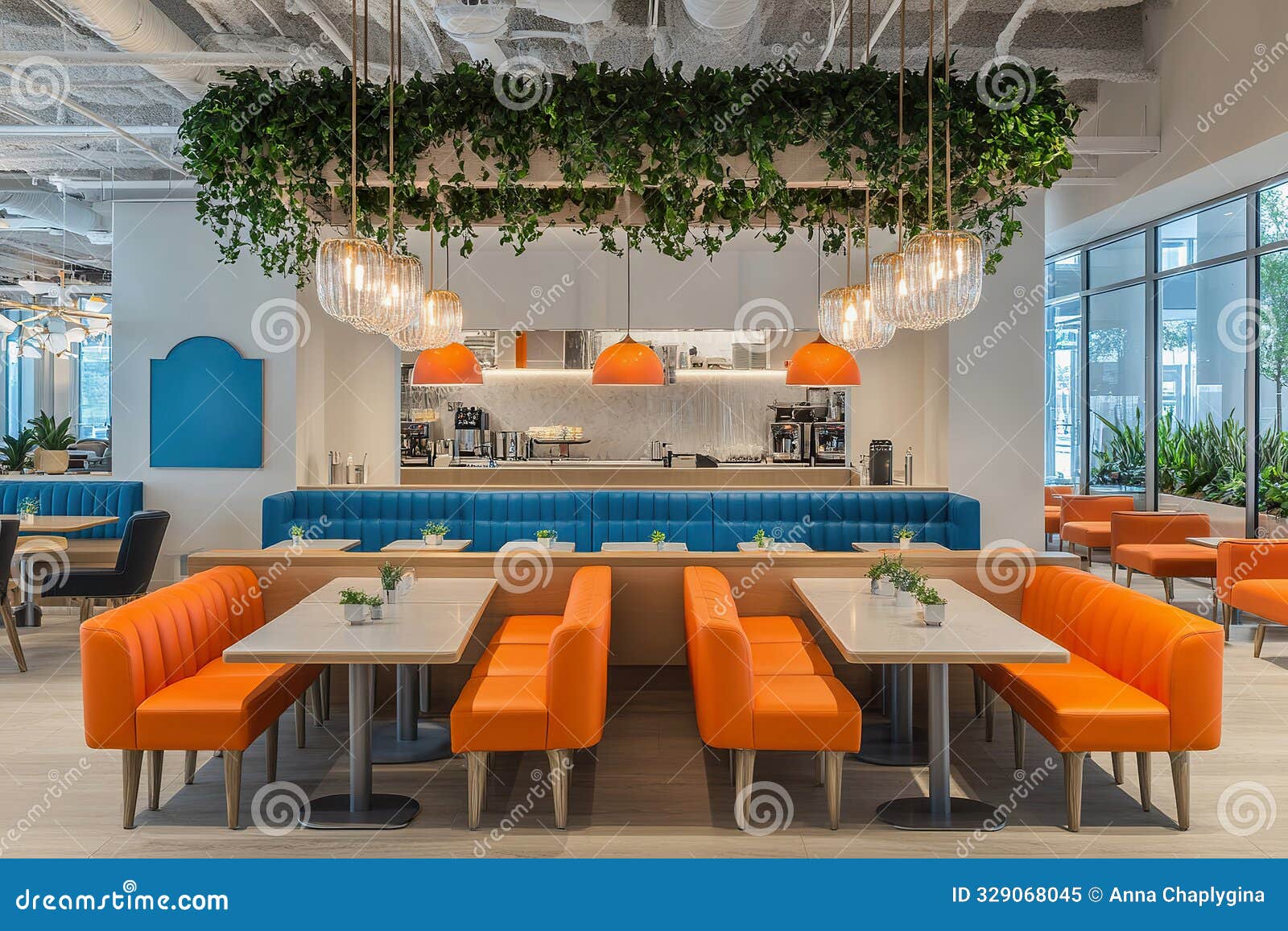 Modern Cafe with Orange Seating and Greenery for Flexible Arrangements ...