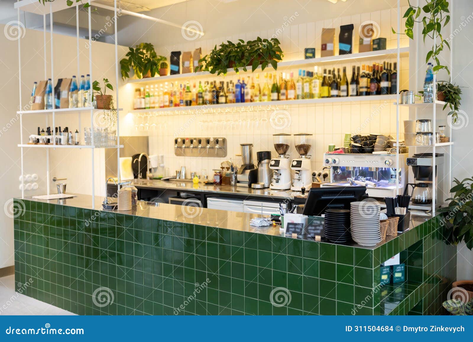 Modern Cafeteria with Green Bar Counter Shelves with Drinks Stock Photo ...