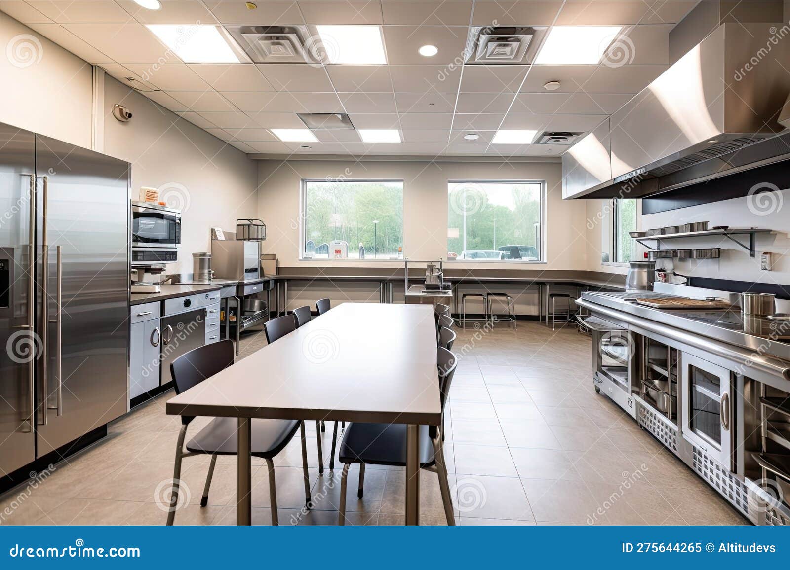 Modern Cafeteria Kitchen with Sleek Counters and Stainless Steel ...