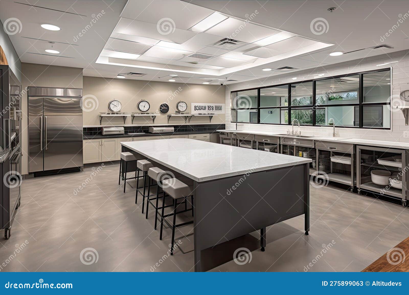 Modern Cafeteria Kitchen with Sleek Design and Open Work Spaces Stock ...
