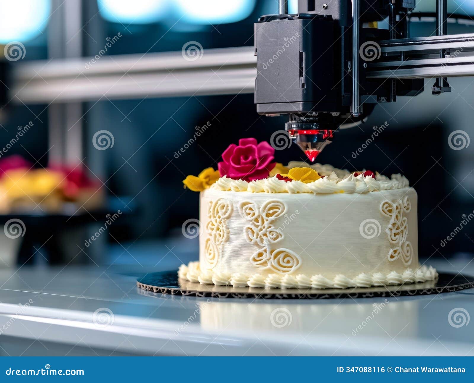 Modern Cake Decoration Using a Robotic Arm with Roses on Top White ...