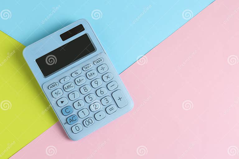 Modern Calculator on Color Background, Top View. Space for Text Stock ...