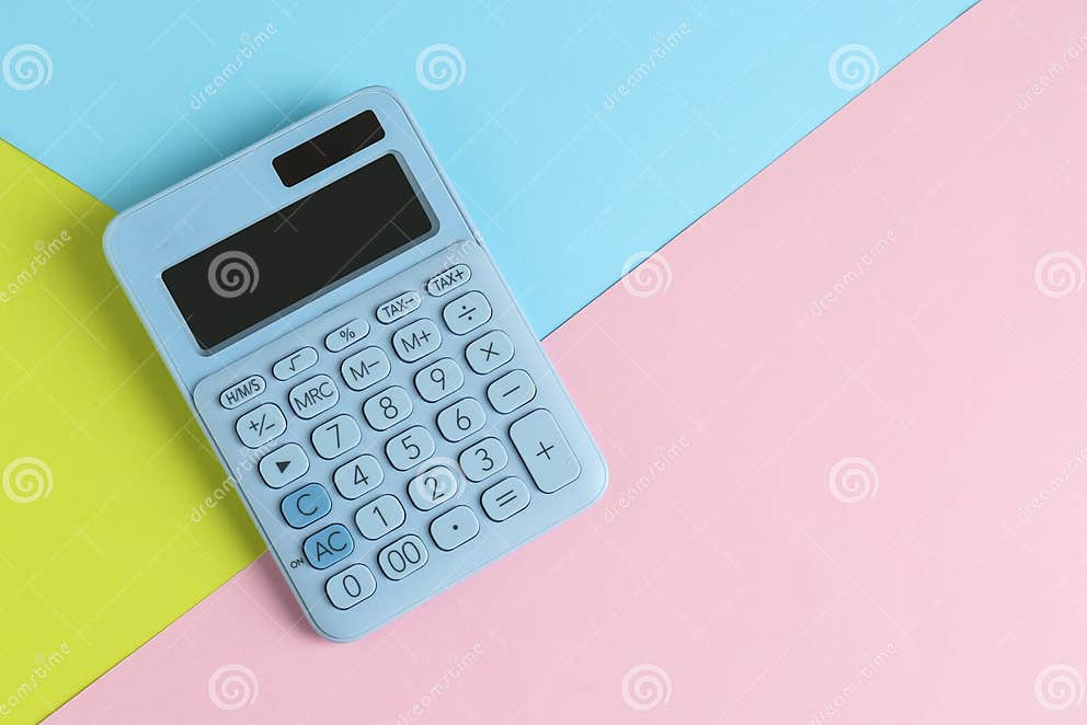 Modern Calculator on Color Background, Top View. Space for Text Stock ...