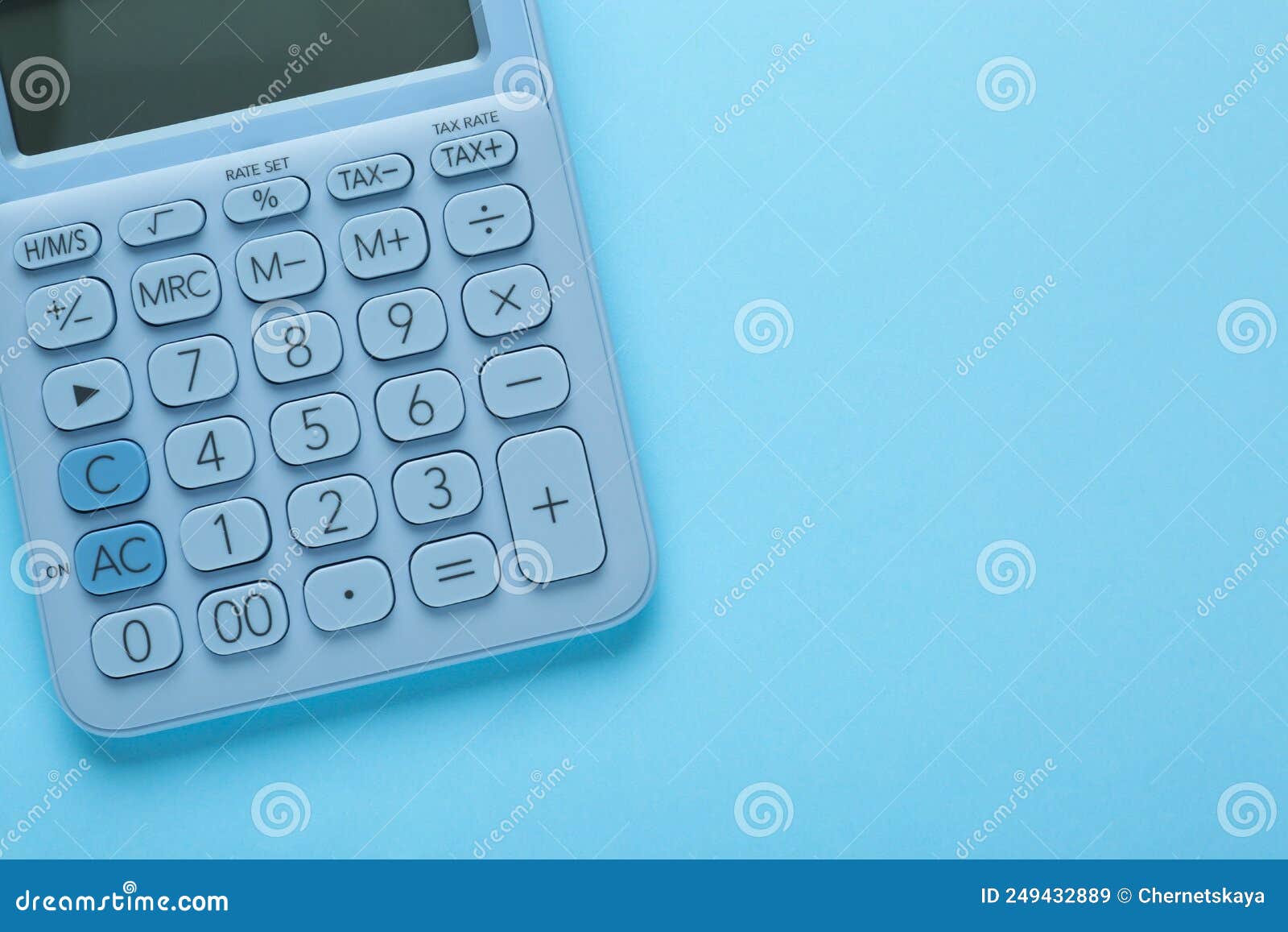 Modern Calculator on Light Blue Background, Top View. Space for Text ...