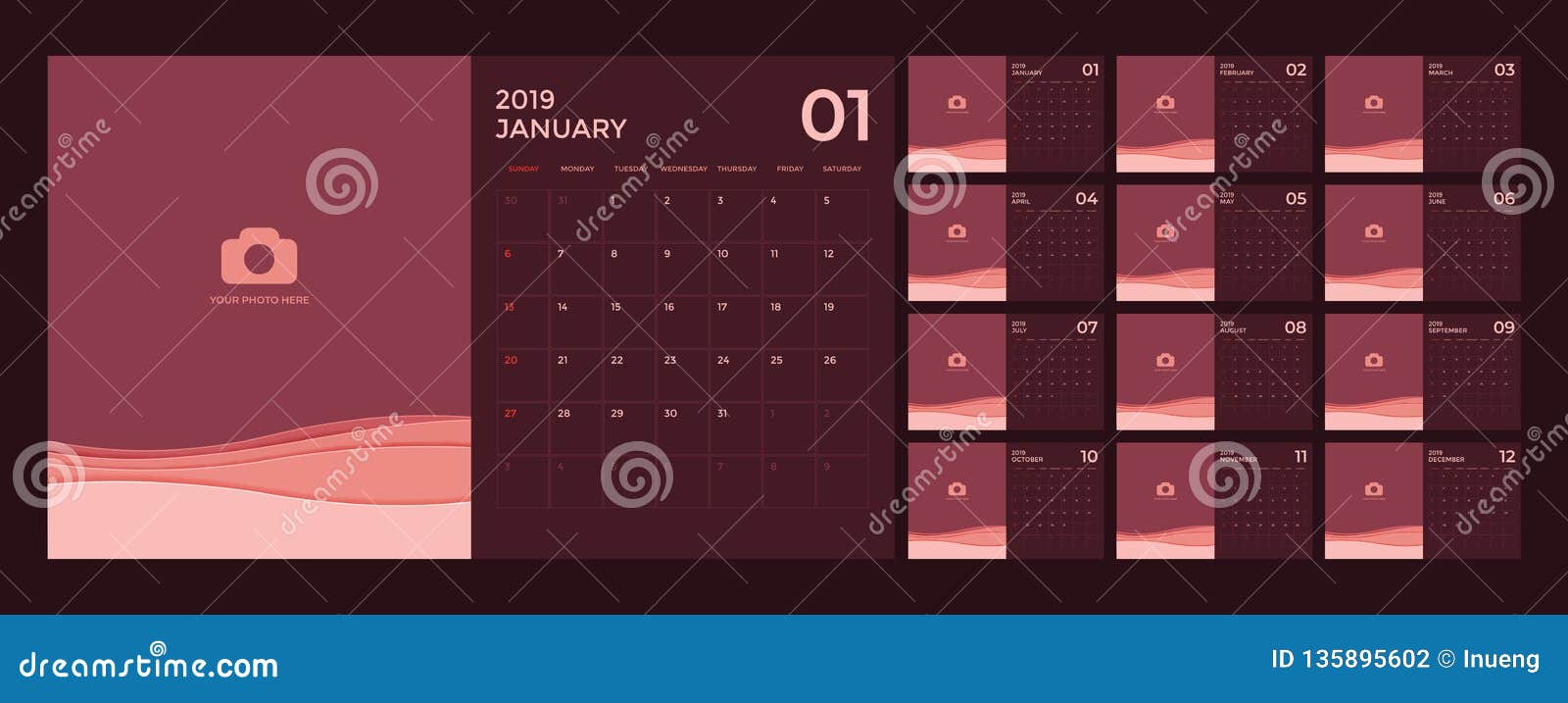 Modern Calendar for 2019 Template. Stock Vector - Illustration of color ...