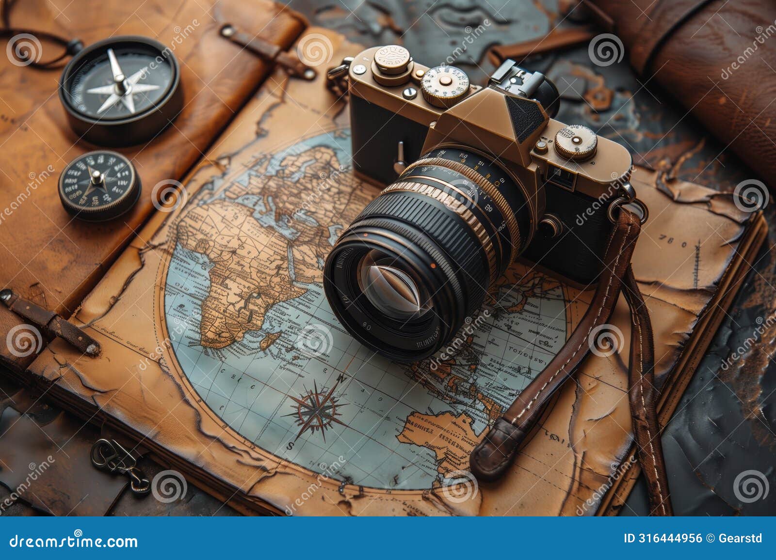 Retro Camera with Compass on a Vintage Map Stock Photo - Image of ...