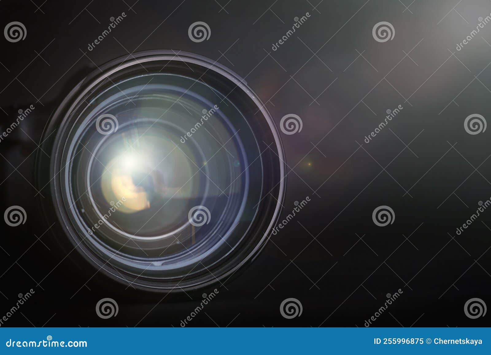 Modern Camera Lens on Black Background, Closeup. Space for Text Stock ...