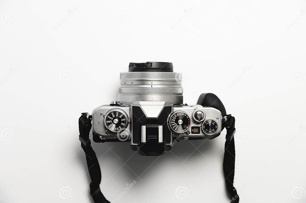 Modern Camera in Retro Style with a Strap Close-up, Top View Stock ...